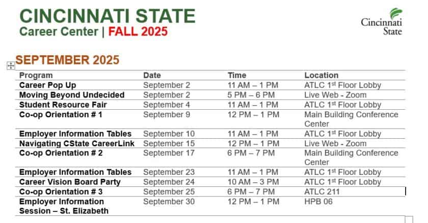 Career Center Calendar of Events - Cincinnati State